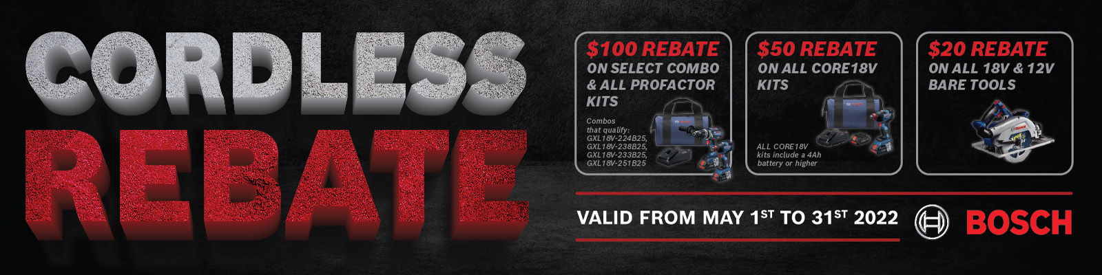 Bosch Cordless Rebate | Adam's Tarp & Tool Ltd